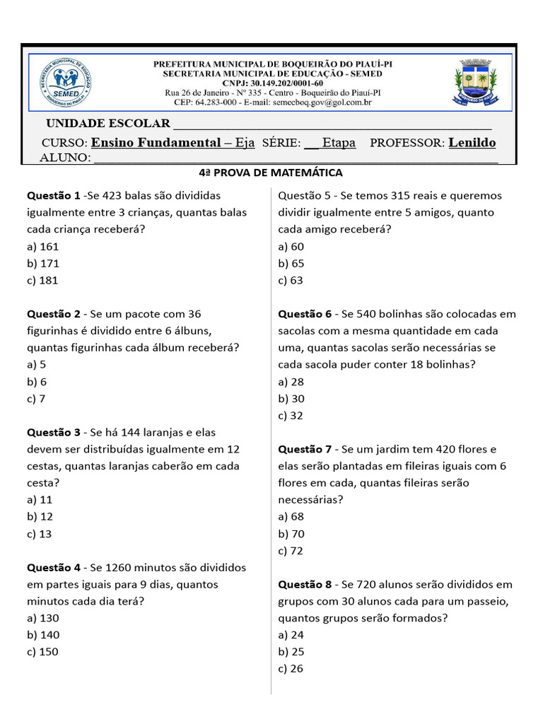 4 Prova de Matematica EJA n1 | PDF