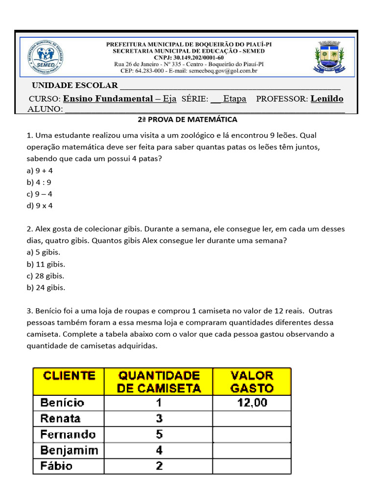 3 Prova de Matematica EJA n1 | PDF