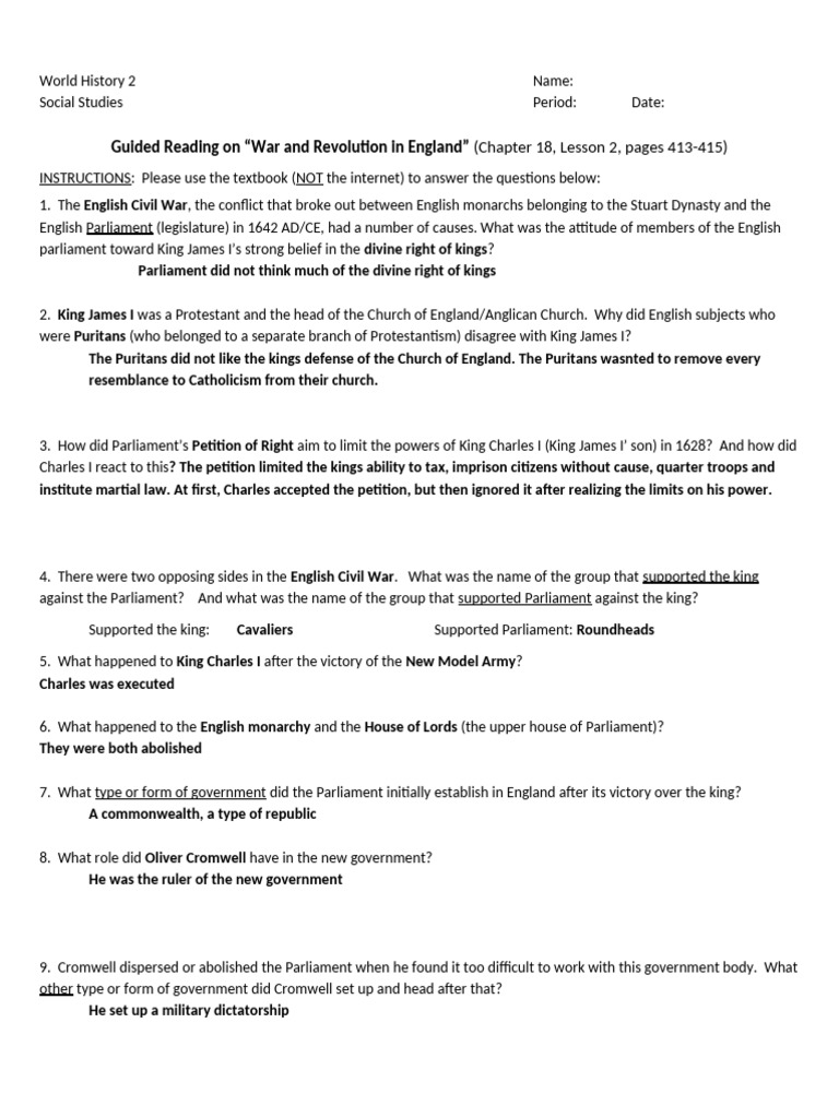 Guided Reading 18-2 English Civil War | PDF | Oliver Cromwell | Parliament