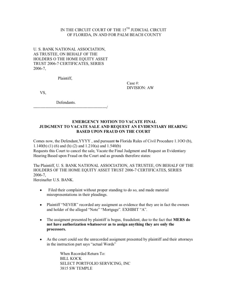 Fraud On The Court Emergency Motion To Vacate Judgment | PDF