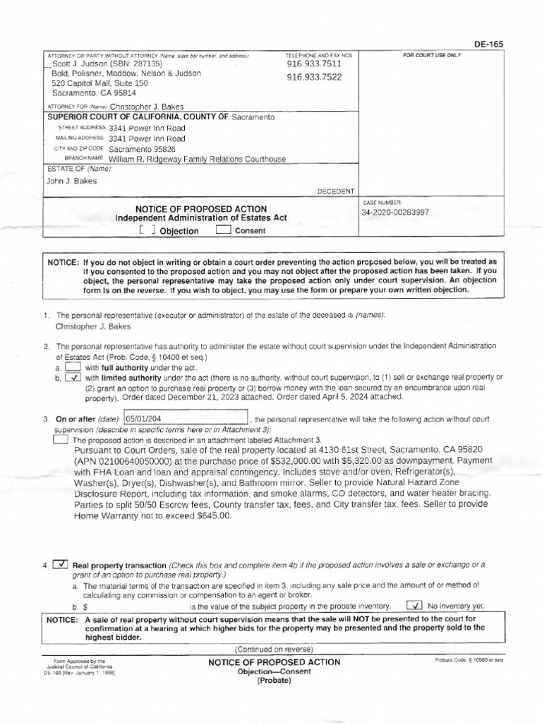 Notice of Proposed Action Objecting To Order | PDF | Mail | Probate