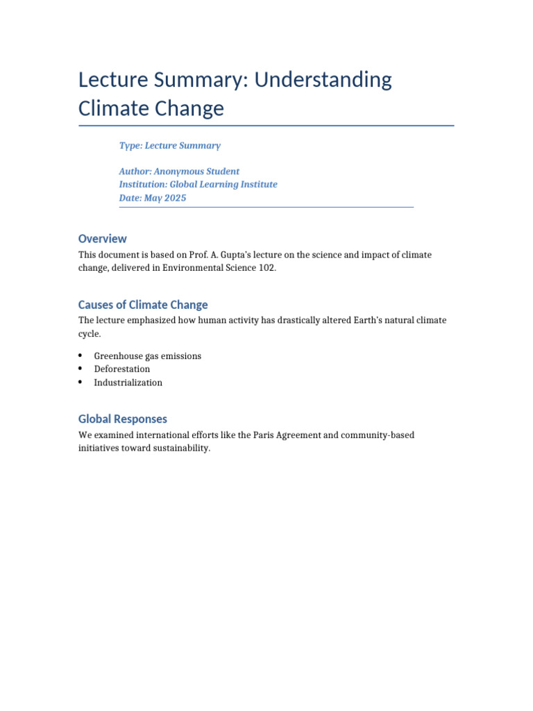 Understanding Climate Change Lecture Summary | PDF