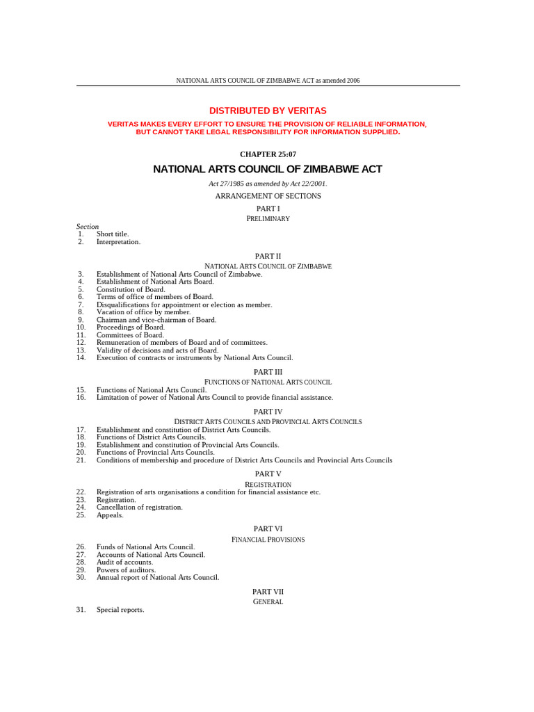 National Arts Council of Zimbabwe Act (Chapter 25-07) As Amended | PDF ...