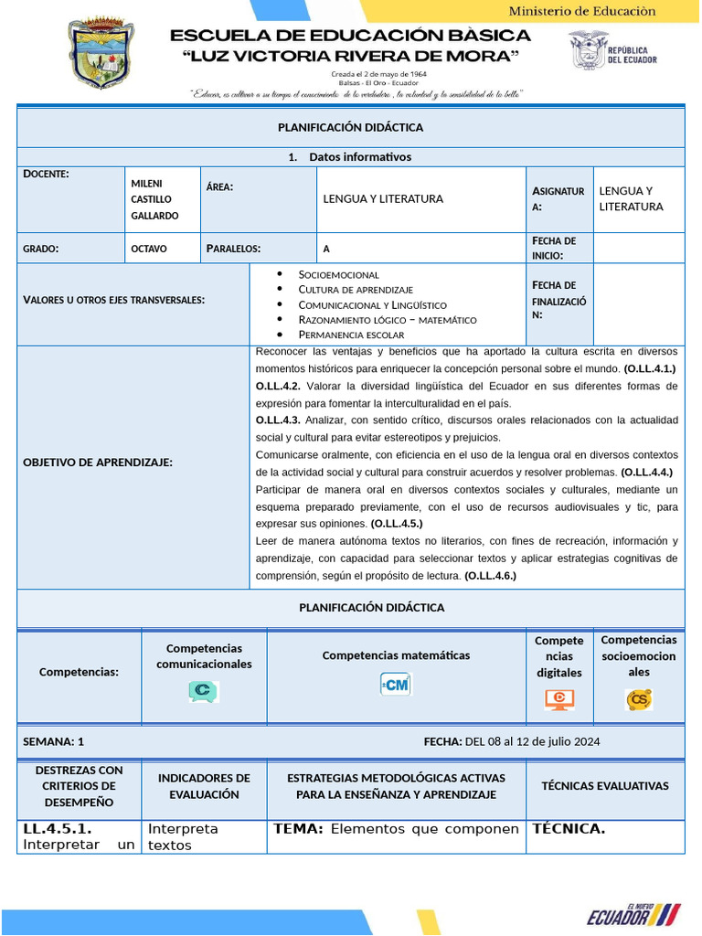 PLANIFICACIÓN OCTAVO - LL - Desde 08 de Julio 2024 | PDF | Aprendizaje ...