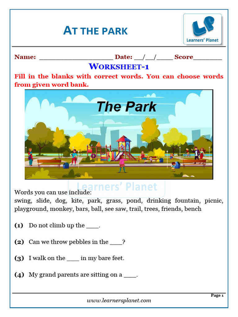 At the Park Vocabulary Worksheet | PDF