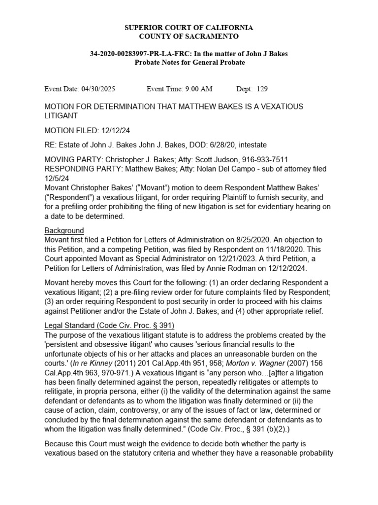 Petition To Determine Matthew Bakes Is A Vexatious Litigant | PDF ...