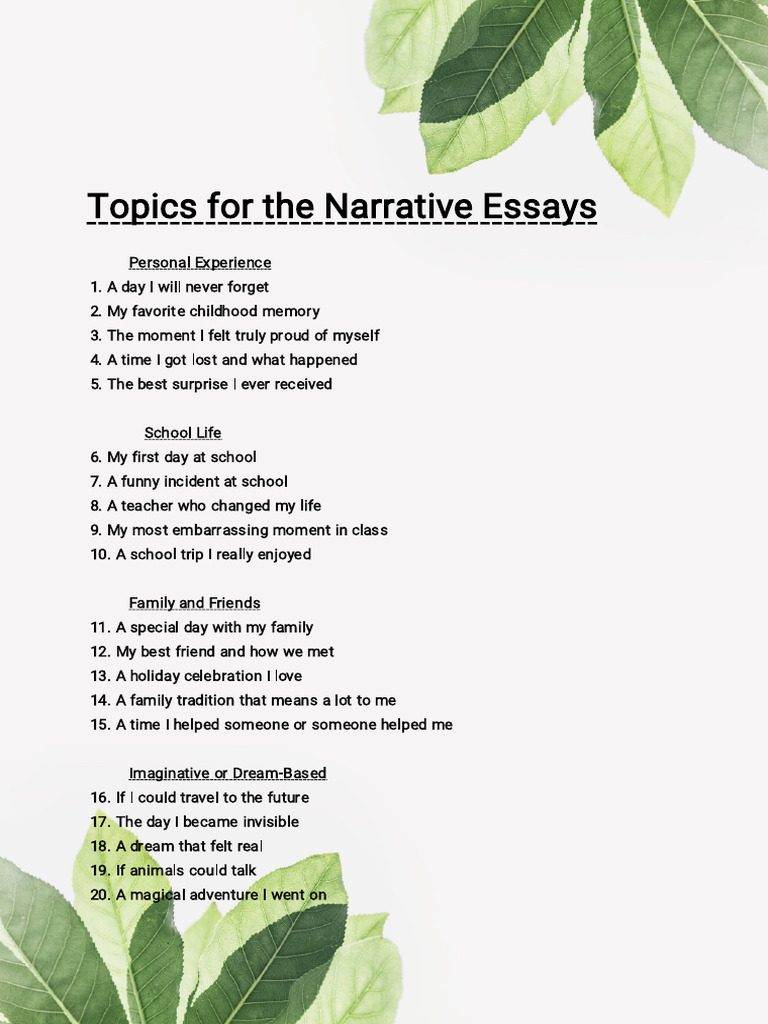 Topics For The Narrative Essay | PDF