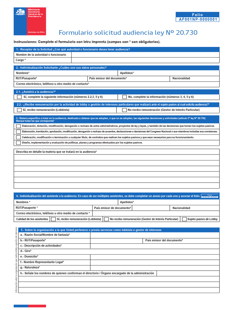 Formulario Solicitud Audiencia Ley Del Lobby #20 730 | PDF