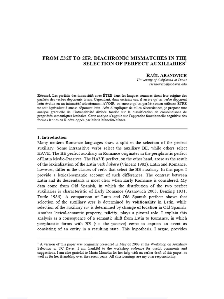 Aranovich (2009) From Esse To Ser Diachronic Mismatches | PDF | Lexical ...