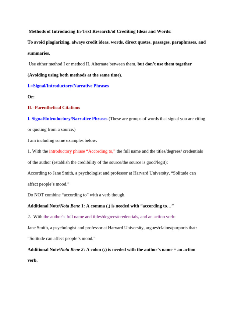 Methods of Introducing In-Text Research - of Crediting Ideas and Words | PDF
