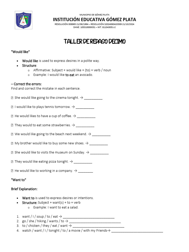 Taller Repaso Décimo Primer Periodo | PDF | Cuisine | Foods