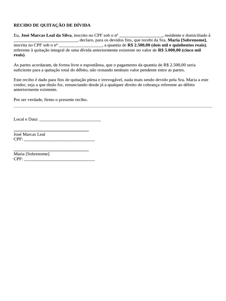 Recibo de Quitação de Dívida | PDF
