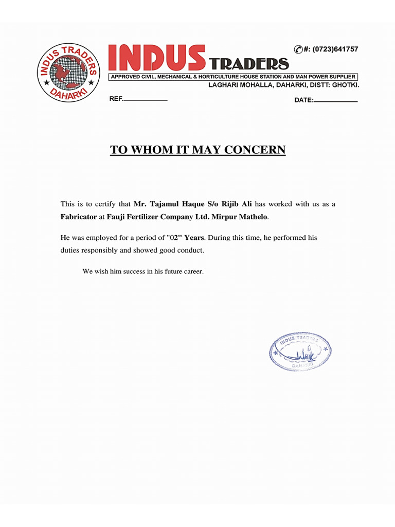 Indus Traders Experience Letter | PDF