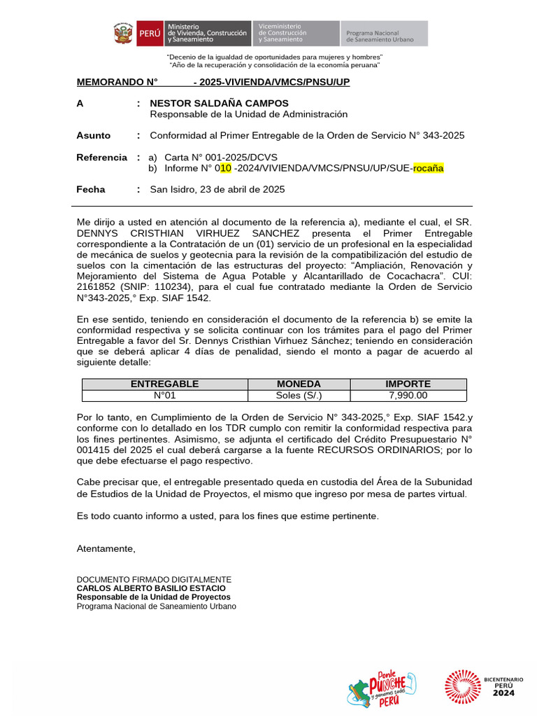 MEMO ADM-XXX - Conformidad 1er Entregable OS N°343-2025 ROM. | PDF