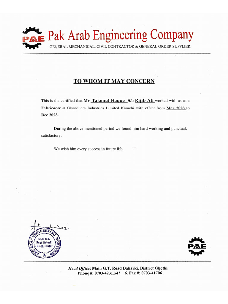 Pak Arab Experience Letter | PDF