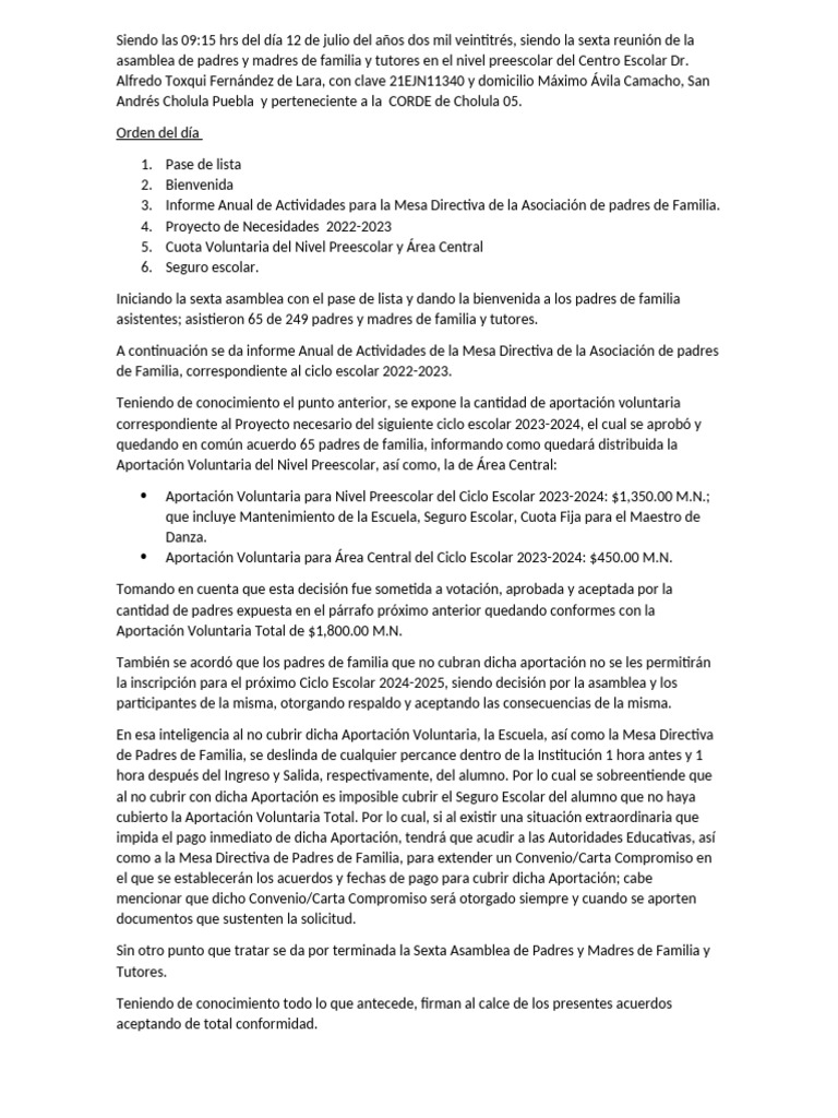 Sexta Reunión de La Asamblea de Padres y Madres de Familia y Tutores | PDF
