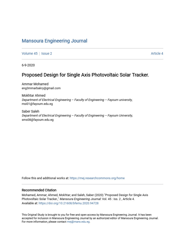 Proposed Design For Single Axis Photovoltaic Solar Tracker. | PDF | Photovoltaics | Electrical ...