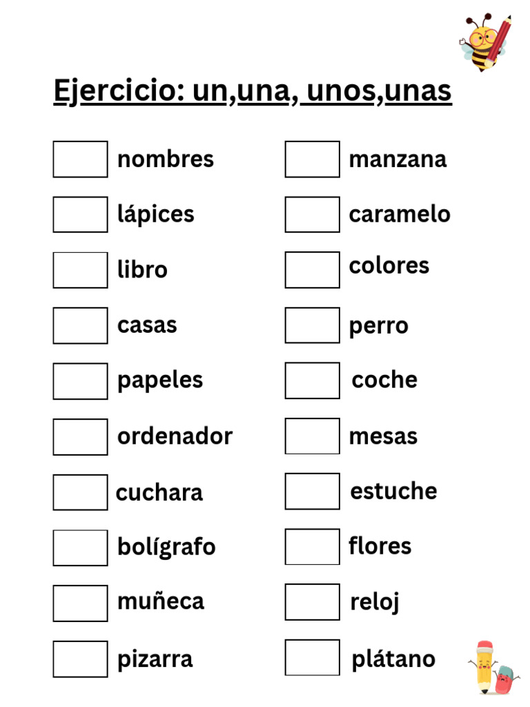 Ejercicio Un, Una, Unos, Unas | PDF