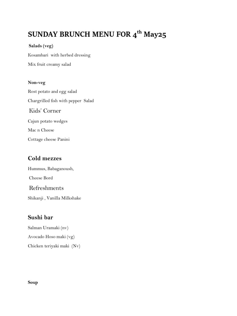 SUNDAY BRUNCH MENU FOR 4TH Salads (Veg) | PDF