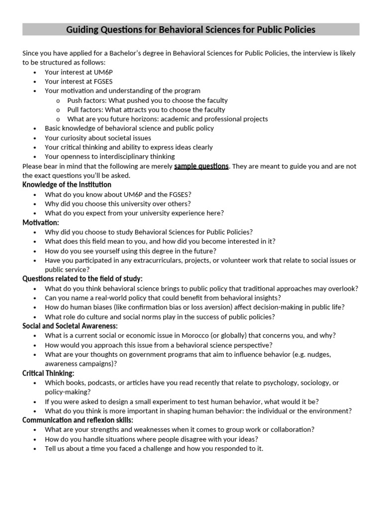 Guiding Questions For Behavioral Sciences For Public Policies | PDF ...