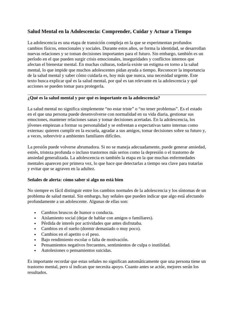 Salud Mental en La Adolescencia | PDF | Salud mental | Las emociones