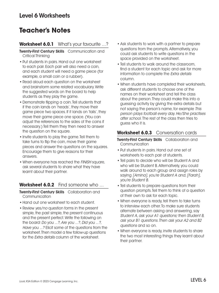 Look KSA L6 Worksheets TG | PDF | Worksheet