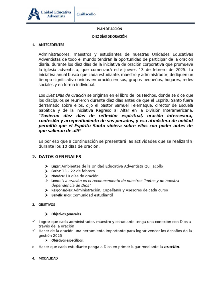 Plan de Acción 10 Días de Oración | PDF | Oración