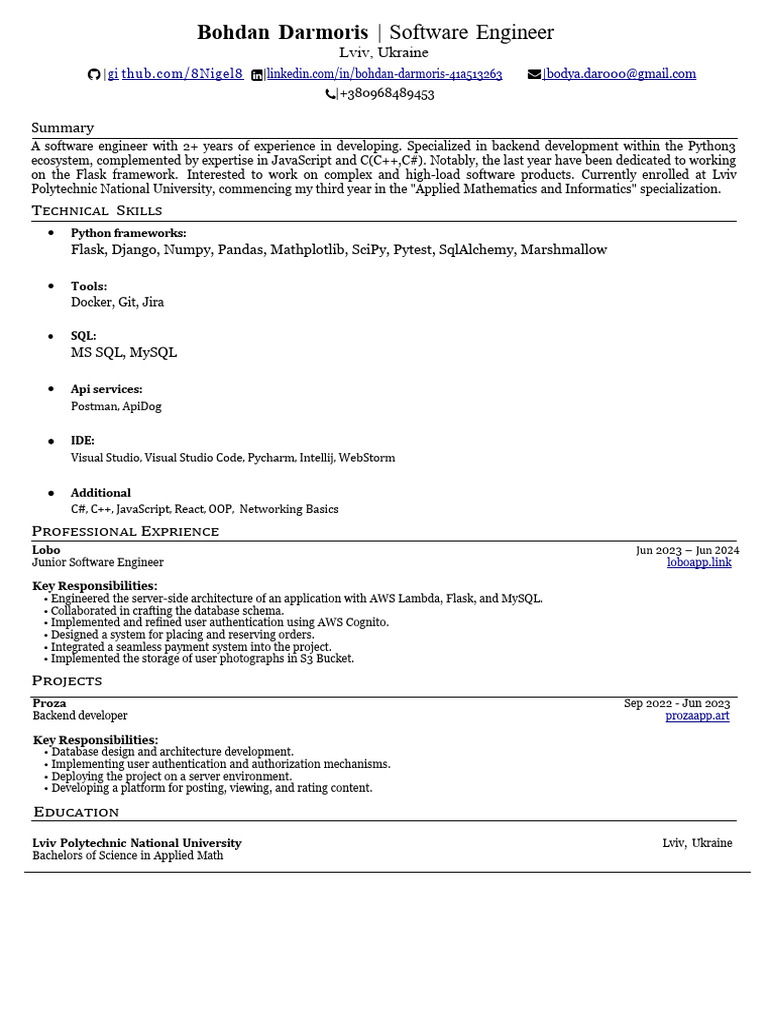 Резюме | PDF | Python (Programming Language) | My Sql