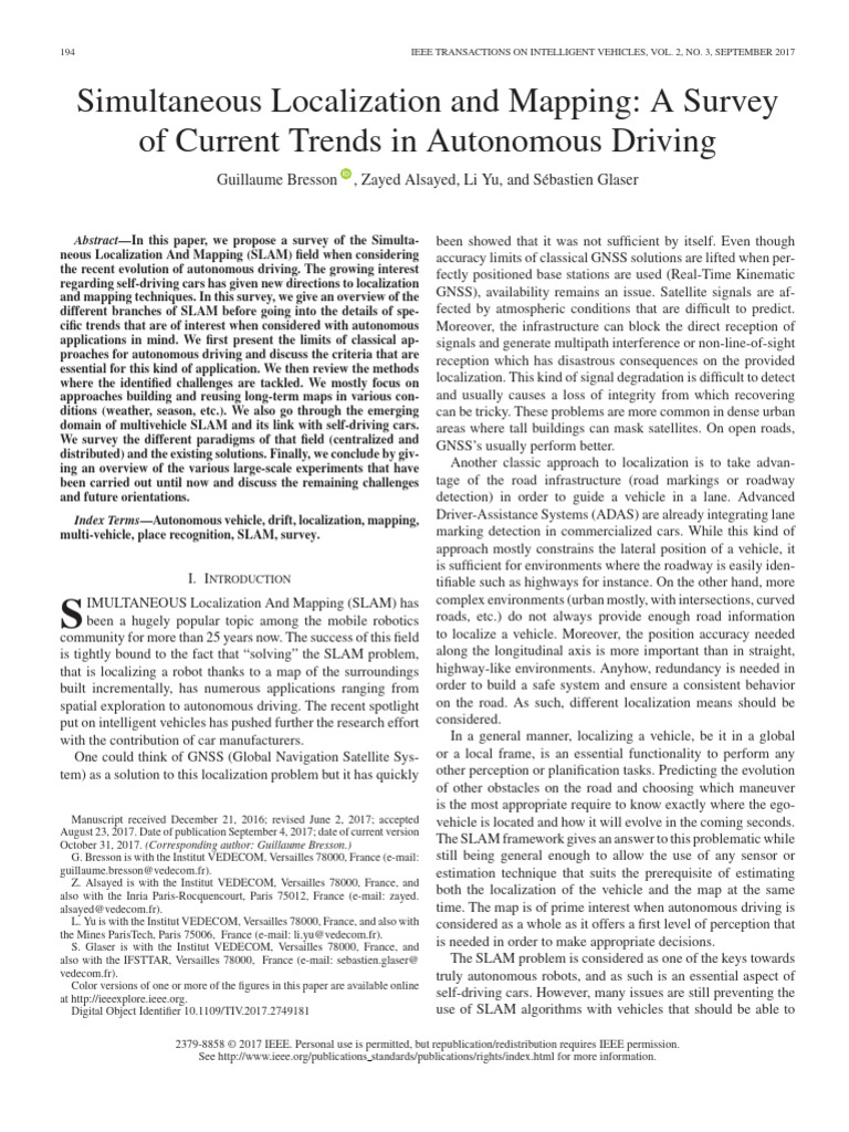 Simultaneous Localization and Mapping. a Survey of Current Trends in Autonomous Driving | PDF ...