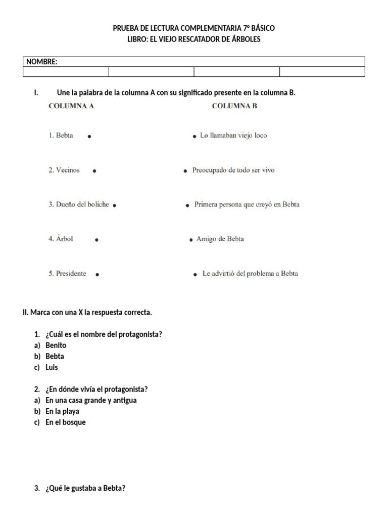 Prueba de Lectura Complementaria 7 El Viejo Rescatador de Árboles | PDF