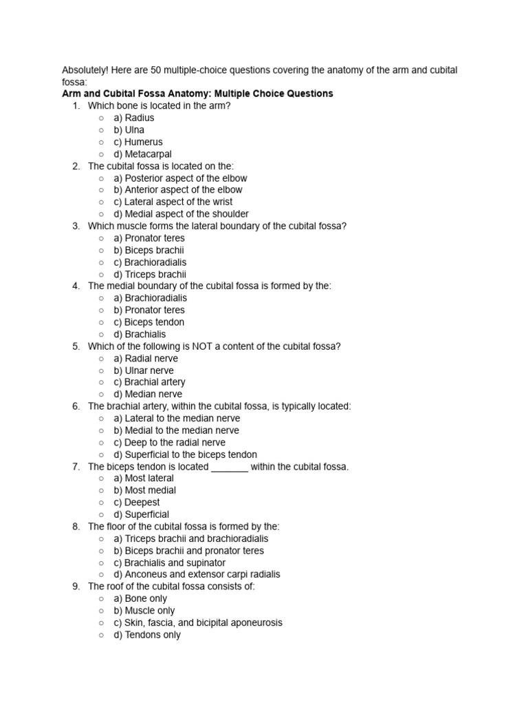 Arm and Cubital Fossa MCQs | PDF | Arm | Elbow