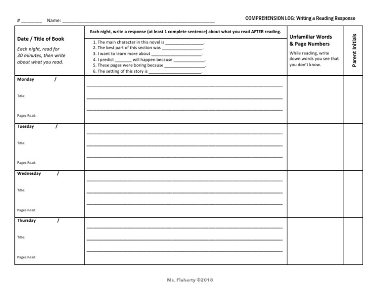 Reading Response Comprehension Log | PDF
