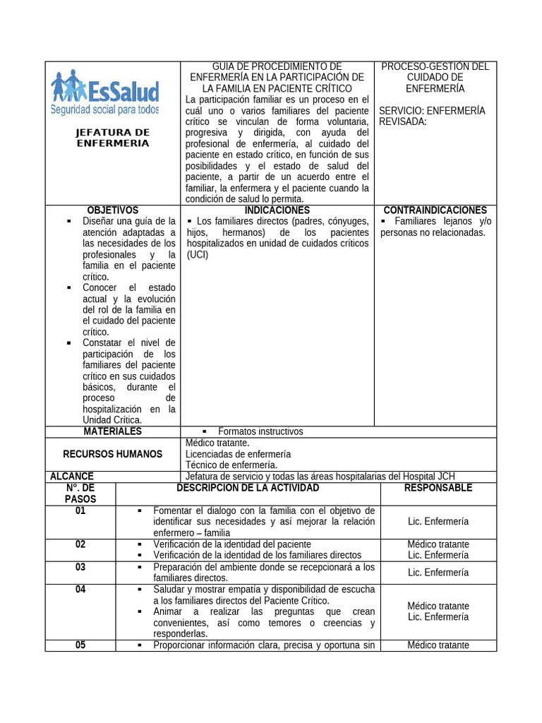 Guia de Procedimiento de Enfermería en La Participación de La Familia en Paciente Crítico | PDF ...