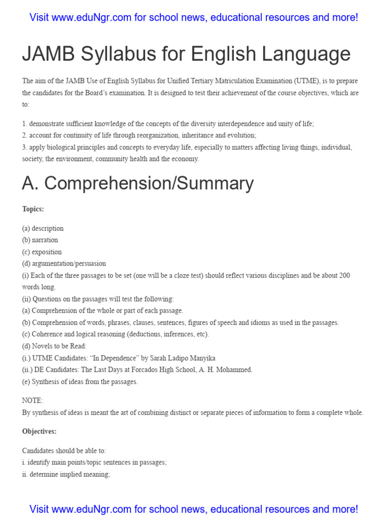JAMB Syllabus For English Language EduNgr | PDF | Word | Semantics