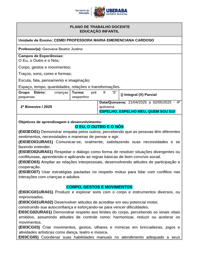 MODELO PLANO DE TRABALHO 2025 | PDF | Desenho