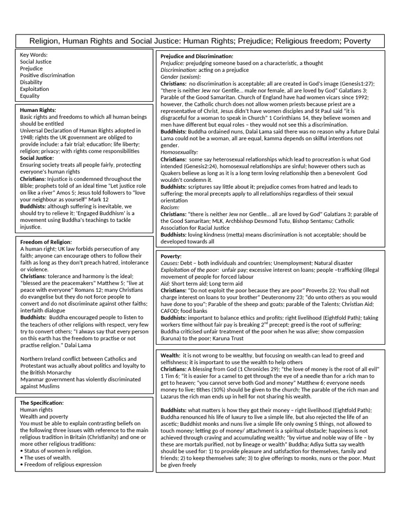 Social Justice Revision Sheet | PDF | Discrimination | Prejudices