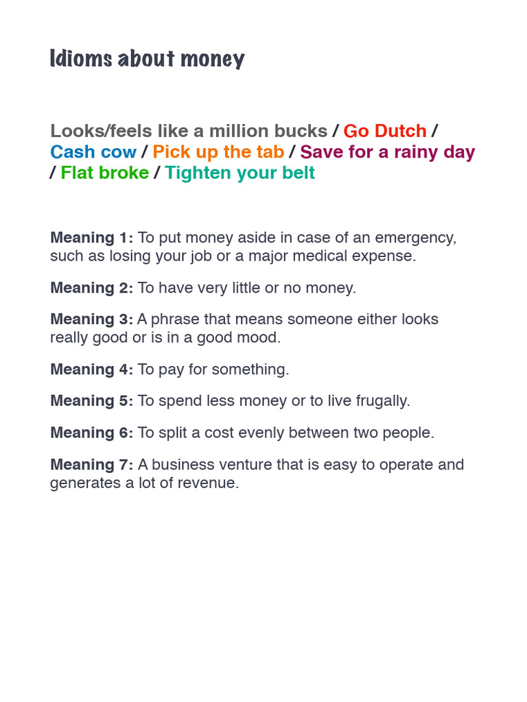 Money Idioms and Their Meanings | PDF