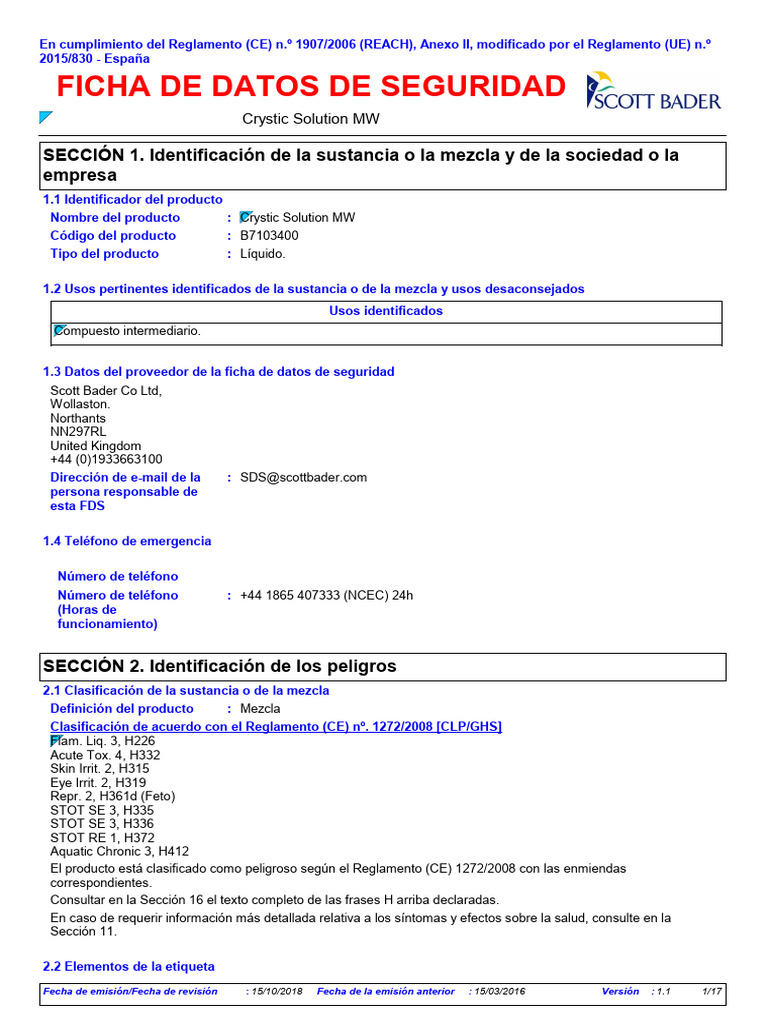 Ficha de Seguridad Crystic Solution MW | PDF