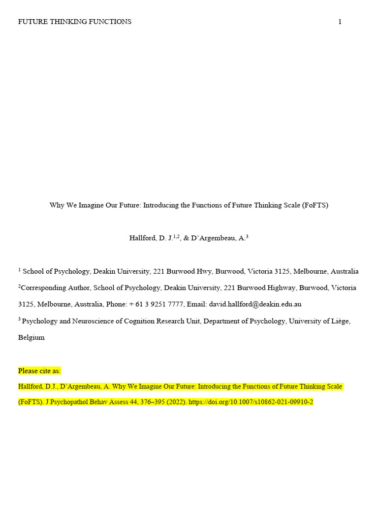 Why We Imagine Our Future: Introducing The Functions of Future Thinking ...