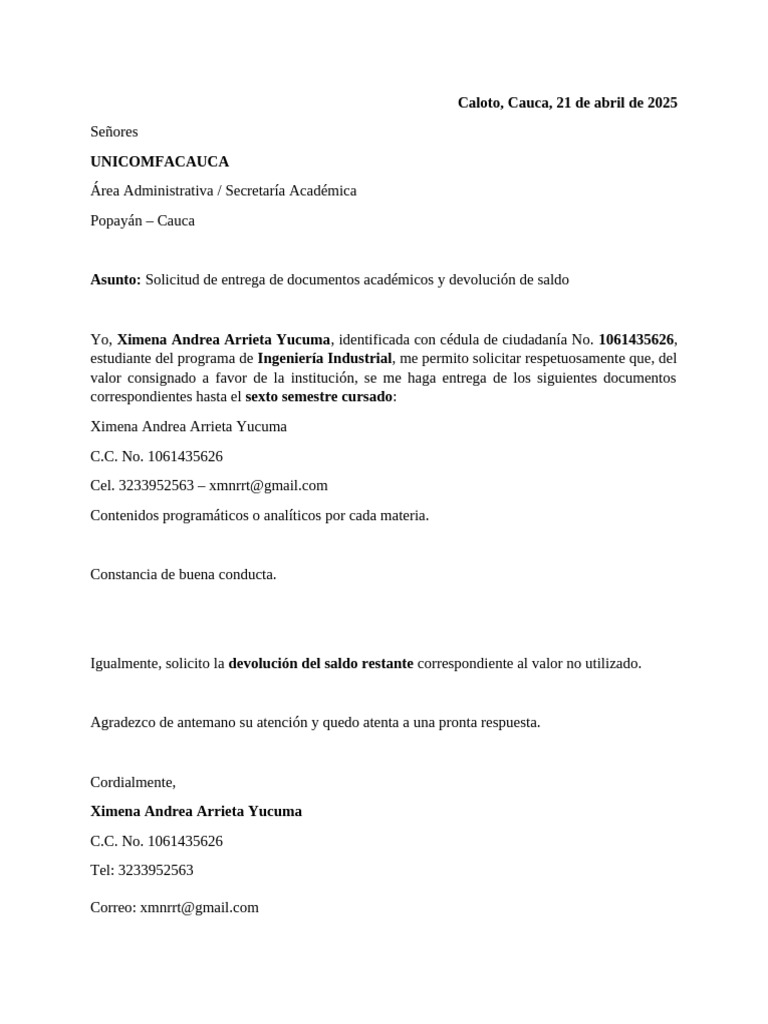 Carta Ximena Unicomfacauca CORREGIDA | PDF