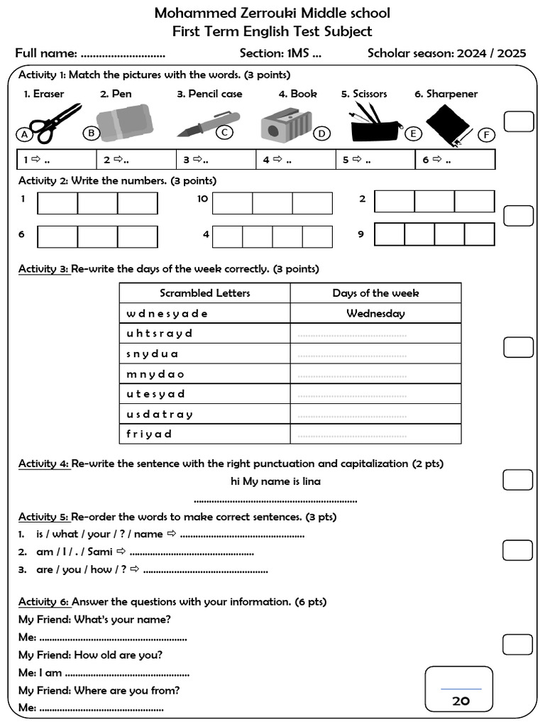 1MS First Term Test 2024 | PDF