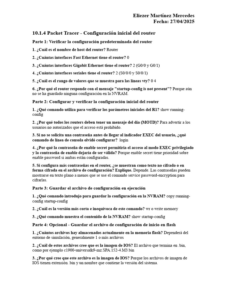 10.1.4 Packet Tracer - Configuración Inicial Del Router | PDF | Contraseña | Enrutador (Computación)