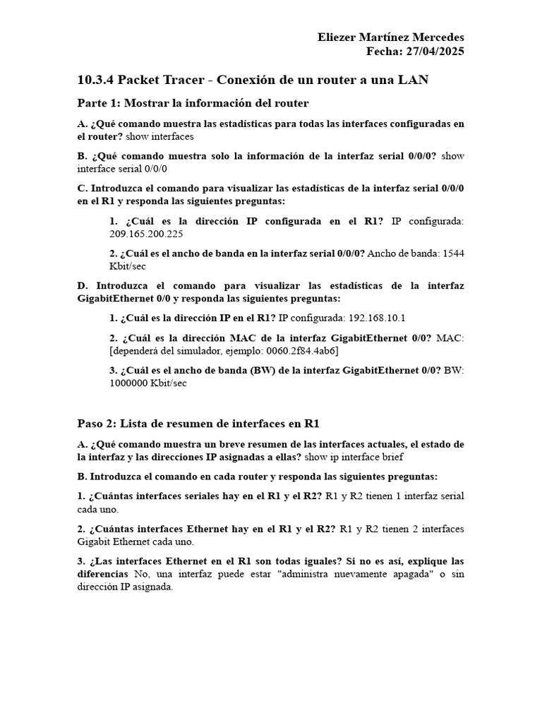 10.3.4 Packet Tracer - Conexión de Un Router A Una LAN | PDF | Enrutador (Computación ...
