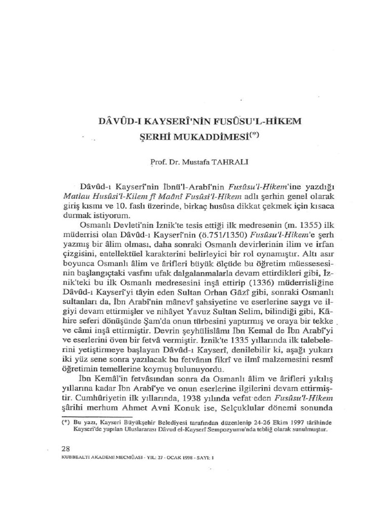 Davud El Kayseri Füsus Mukaddimesi | PDF