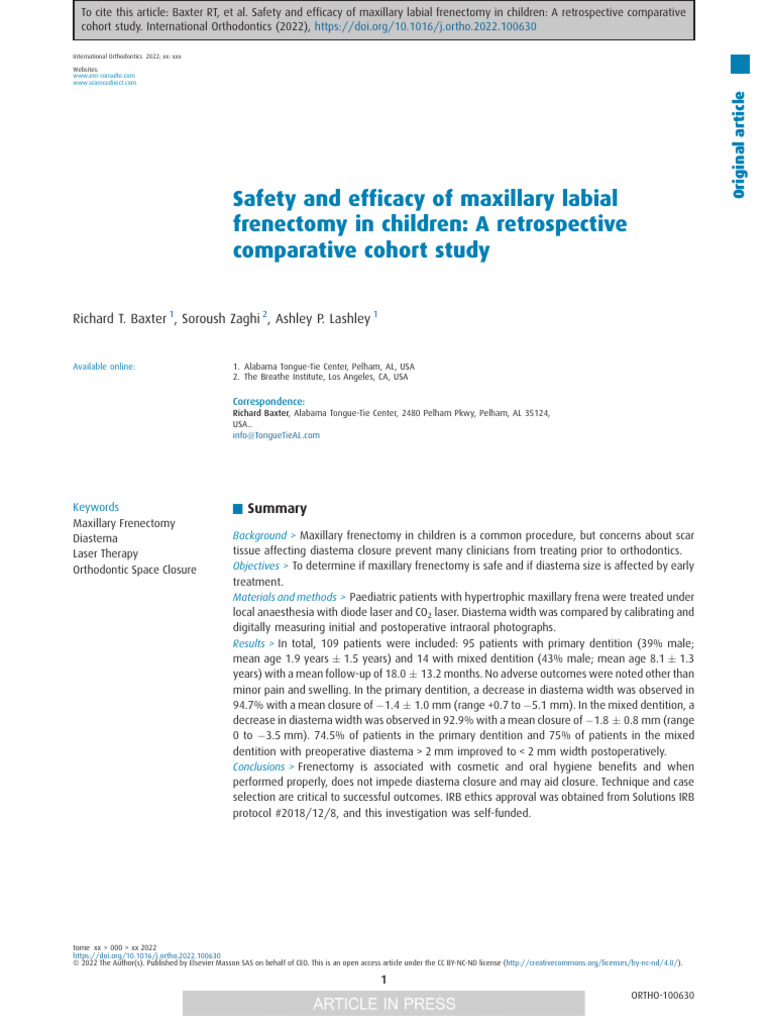Safety and Efficacy of Maxillary Labial Frenectomy in Children | PDF | Orthodontics | Oral Hygiene