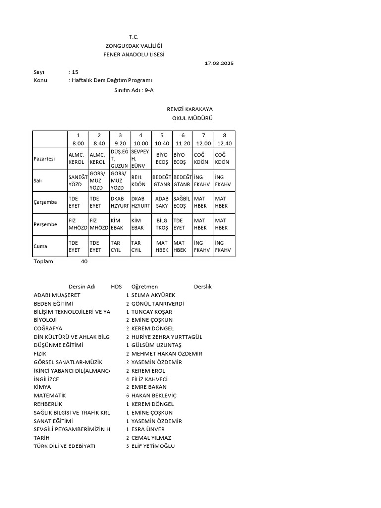 SINIF DERS PROGRAMI 15 | PDF