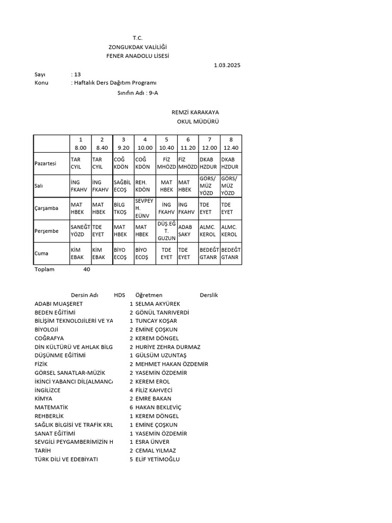 SINIF DERS PROGRAMI 13 | PDF