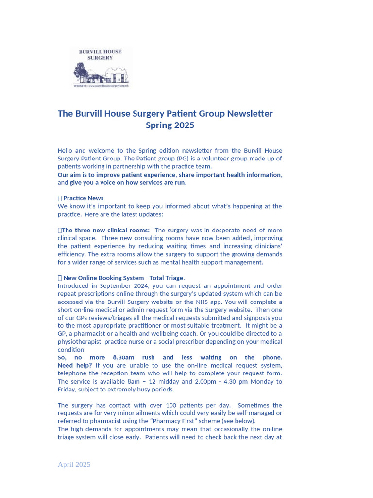 Burvill PPG Spring 2025 Newsletter | PDF | General Practitioner ...