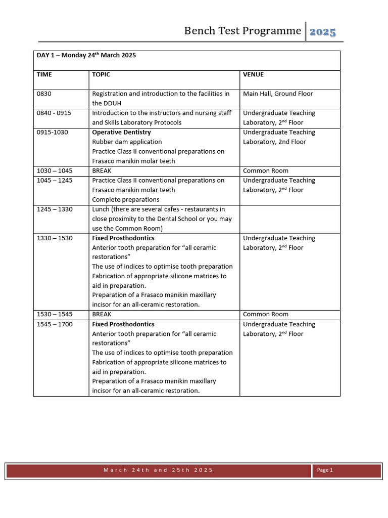 Bench Test Preparation Programme 2025 | PDF | Tooth | Dentistry