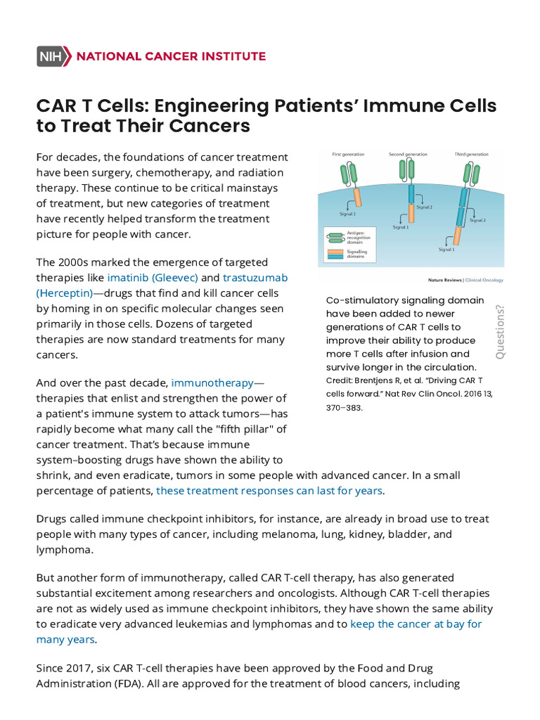 CAR T Cells - Engineering Immune Cells To Treat Cancer - NCI | PDF | Antigen | T Cell